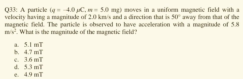 Solved Q33: A particle (q)=-4.0\\\\mu C,m=(5.0mg) moves in a | Chegg.com