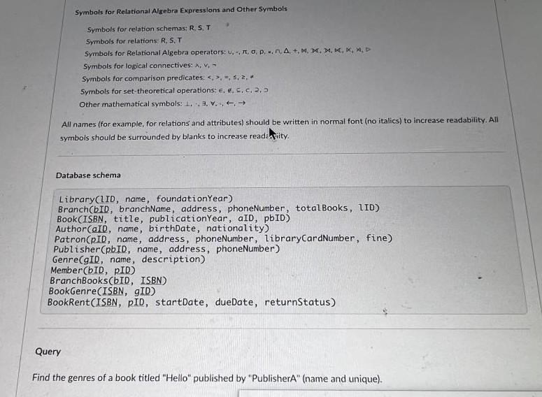 Solved Symbols for Retational Algebra Expressions and Other | Chegg.com