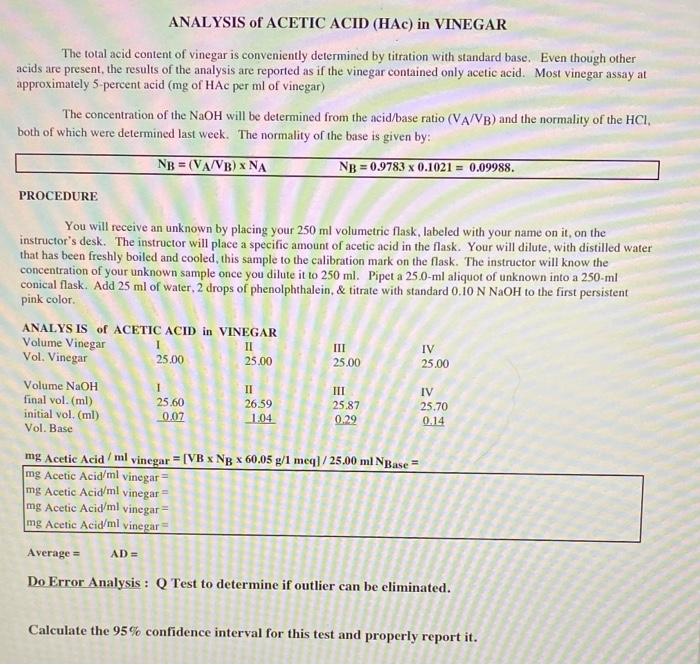 Solved ANALYSIS of ACETIC ACID (HAC) in VINEGAR The total | Chegg.com