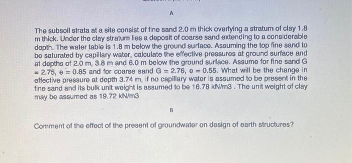 Solved А The subsoil strata at a site consist of fine sand | Chegg.com