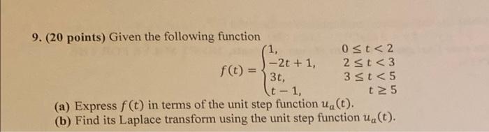 Solved 9. (20 points) Given the following function f(t) = | Chegg.com