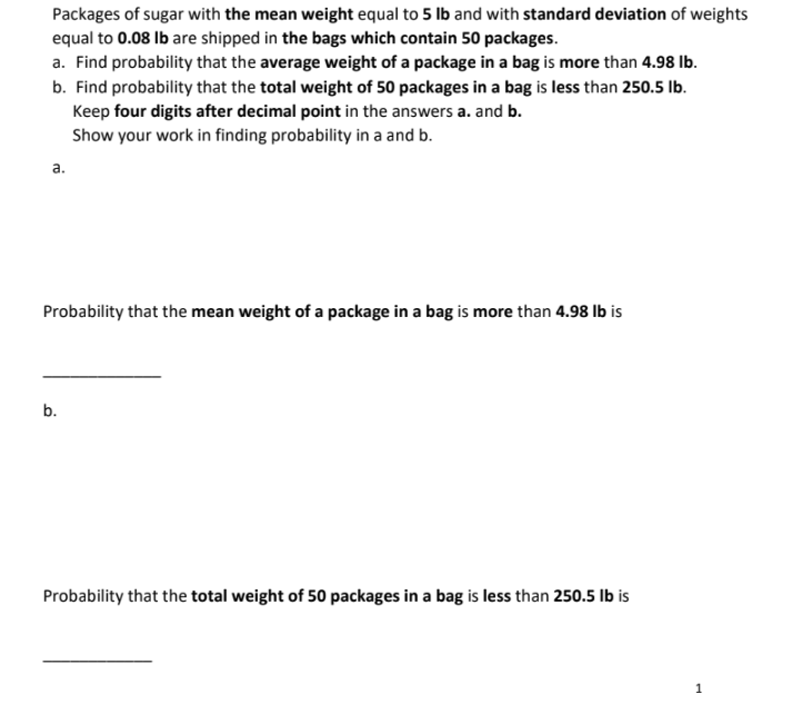 Solved Packages of sugar with the mean weight equal to 5lb | Chegg.com