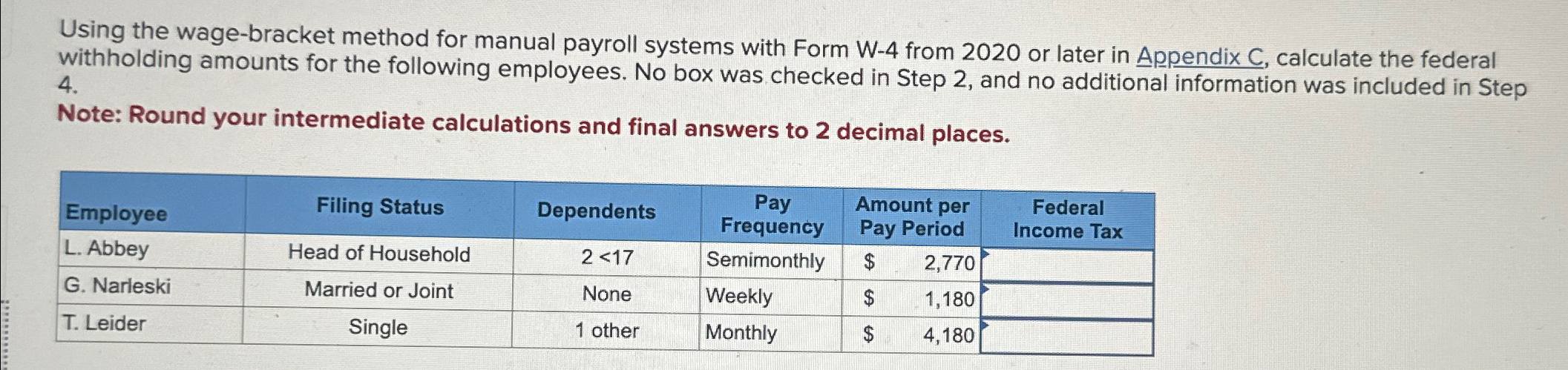 Using the wage-bracket method for manual payroll | Chegg.com