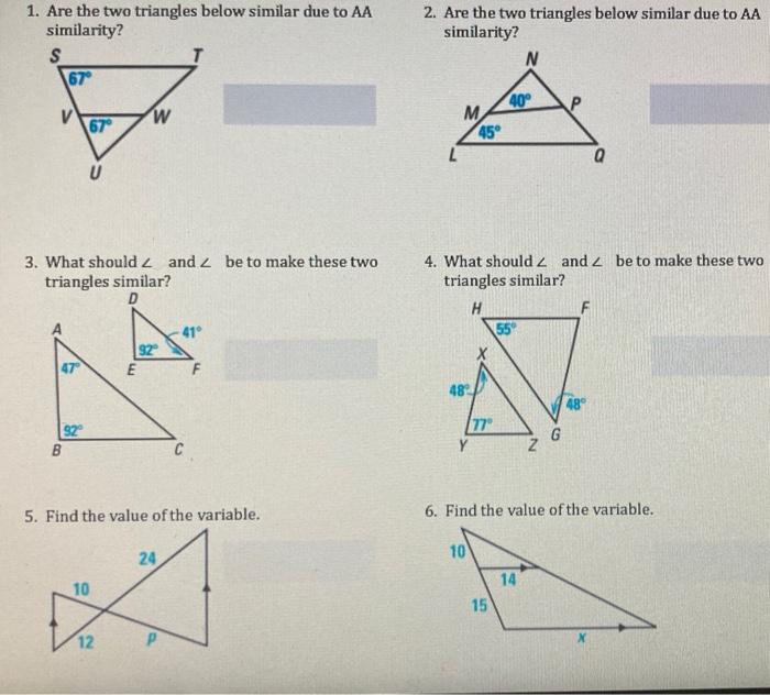 Solved 1. Are the two triangles below similar due to AA | Chegg.com