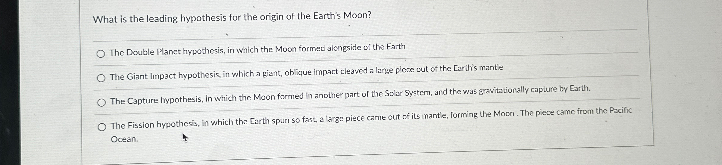 Solved What is the leading hypothesis for the origin of the | Chegg.com