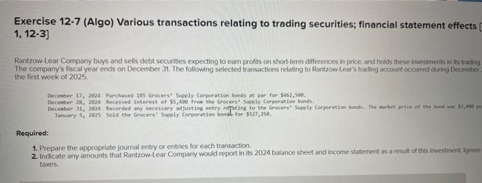 Solved Exercise 12-7 (Algo) Various transactions relating to | Chegg.com