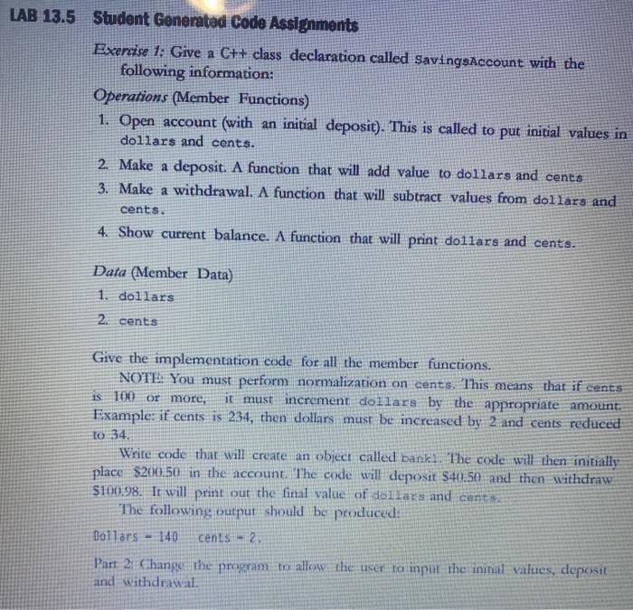 LAB 13.5 Student Generated Code Assignments Exercise | Chegg.com