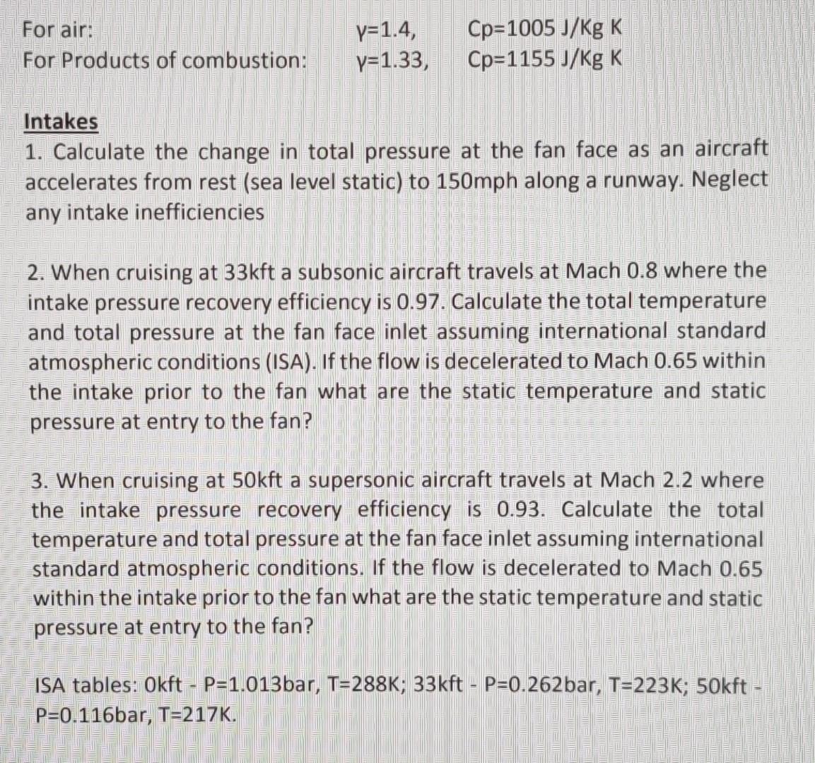 Intakes 1. Calculate the change in total pressure at | Chegg.com