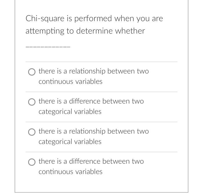 Solved Chi-square is performed when you are attempting to | Chegg.com