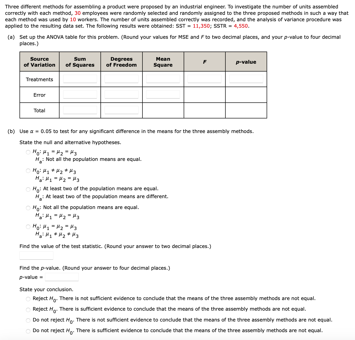 Solved Three different methods for assembling a product were | Chegg.com
