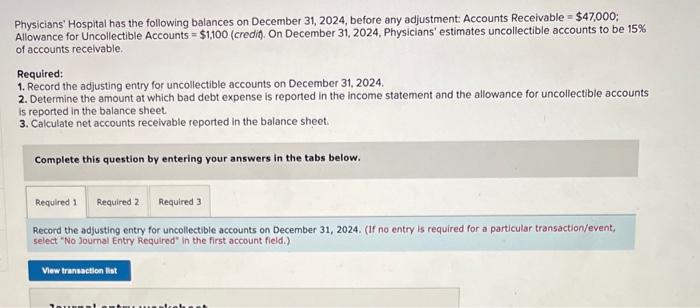 Solved Physicians' Hospital has the following balances on | Chegg.com