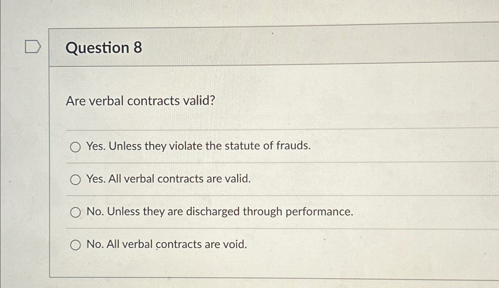 Solved Question 8Are verbal contracts valid?q,Yes. Unless | Chegg.com