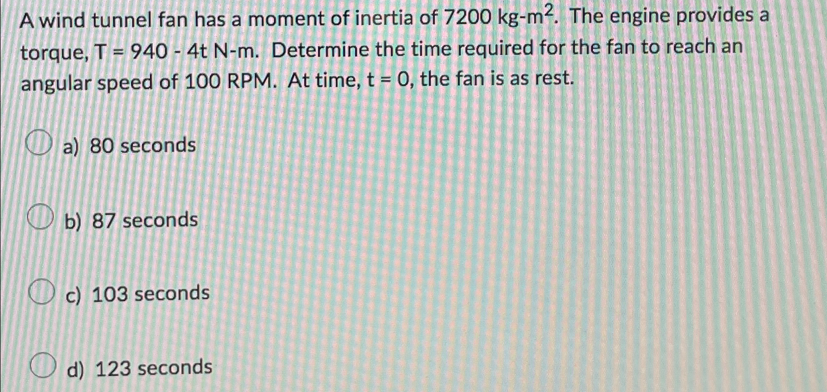 Solved A wind tunnel fan has a moment of inertia of | Chegg.com
