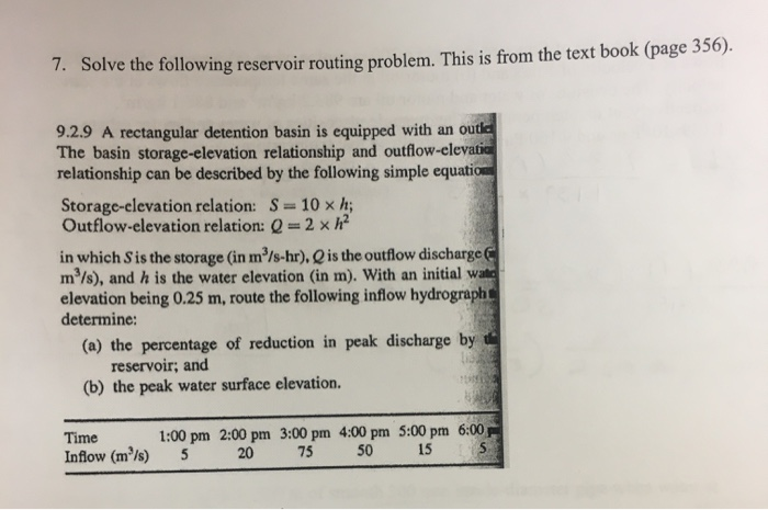 7. Solve the following reservoir routing problem. | Chegg.com
