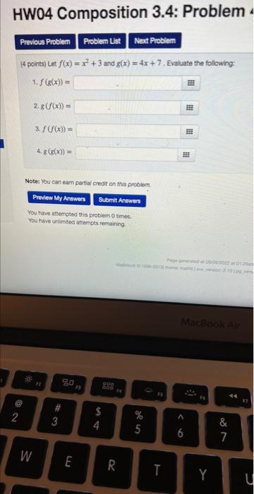 Solved (4 points) Let f(x)=x2+3 and g(x)=4x+7. Evaluate the | Chegg.com
