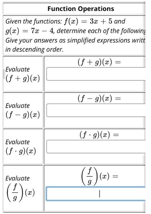 Solved Function Operations Given the functions: f(x) = 3x + | Chegg.com