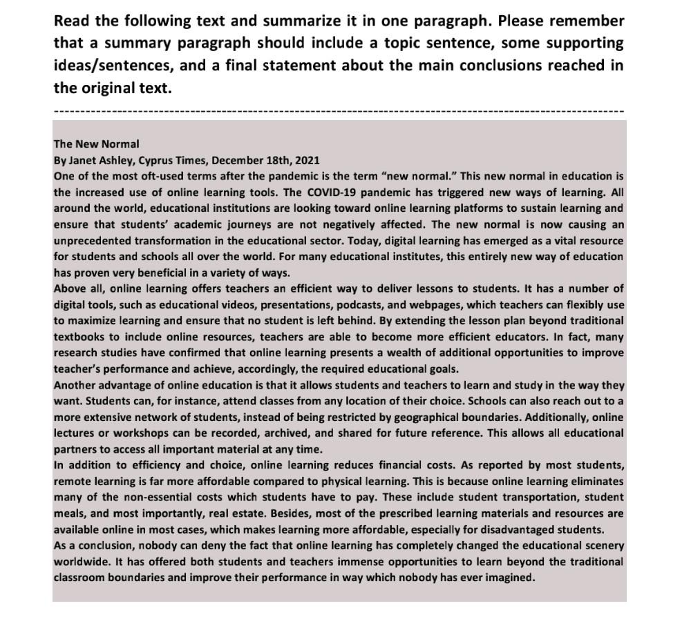 Solved Read the following text and summarize it in one | Chegg.com