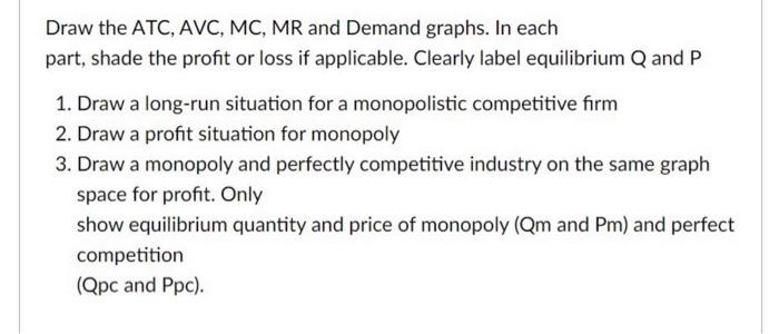 Solved Draw the ATC, AVC, MC, MR and Demand graphs. In each | Chegg.com