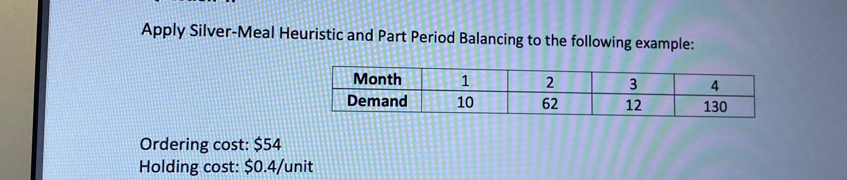 Solved Apply Silver-Meal Heuristic and Part Period Balancing | Chegg.com
