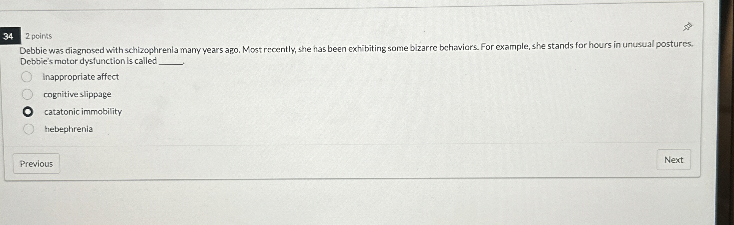 Solved 342 ﻿pointsDebbie was diagnosed with schizophrenia | Chegg.com