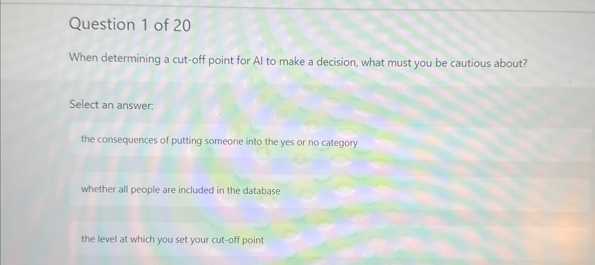 Solved Question 1 ﻿of 20When determining a cut-off point for | Chegg.com