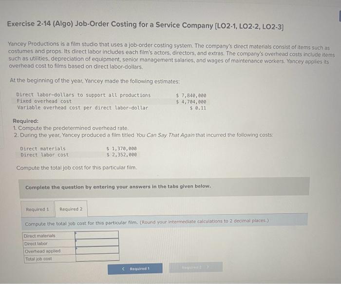Solved Exercise 2-14 (Algo) Job-Order Costing for a Service | Chegg.com