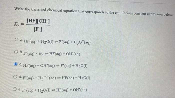 Solved Write the balanced chemical equation that corresponds | Chegg.com