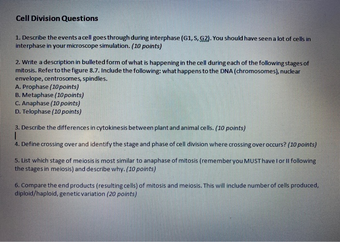 Solved Cell Division Questions 1. Describe the events a cell | Chegg.com