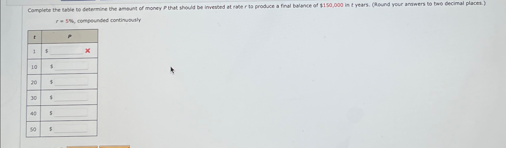 Solved r=5%, ﻿compounded continuously\table[[t,,],[1,$,k | Chegg.com