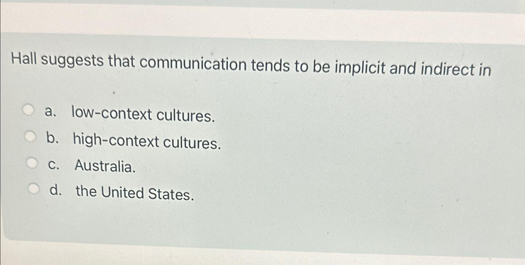 Solved Hall suggests that communication tends to be implicit | Chegg.com