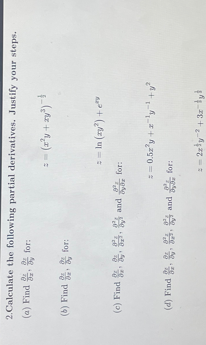 Solved 2.Calculate the following partial derivatives. | Chegg.com