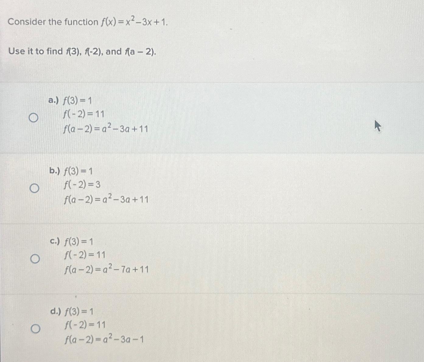 Solved Consider the function f(x)=x2-3x+1Use it to find | Chegg.com