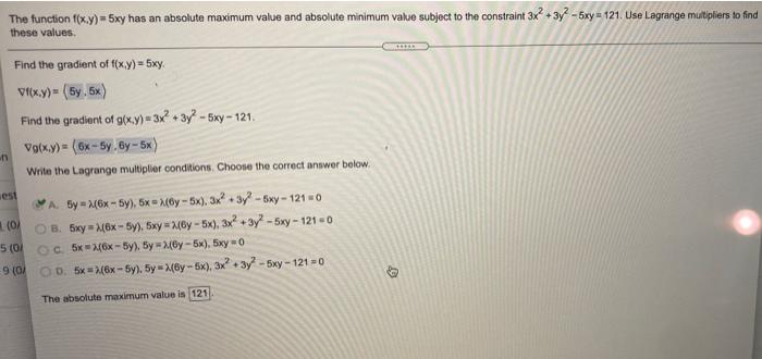 Solved The function f(x,y) = 5xy has an absolute maximum | Chegg.com