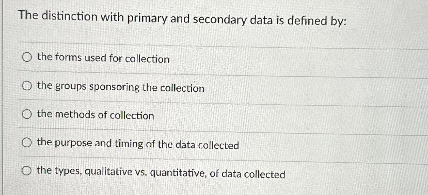 Solved The distinction with primary and secondary data is | Chegg.com