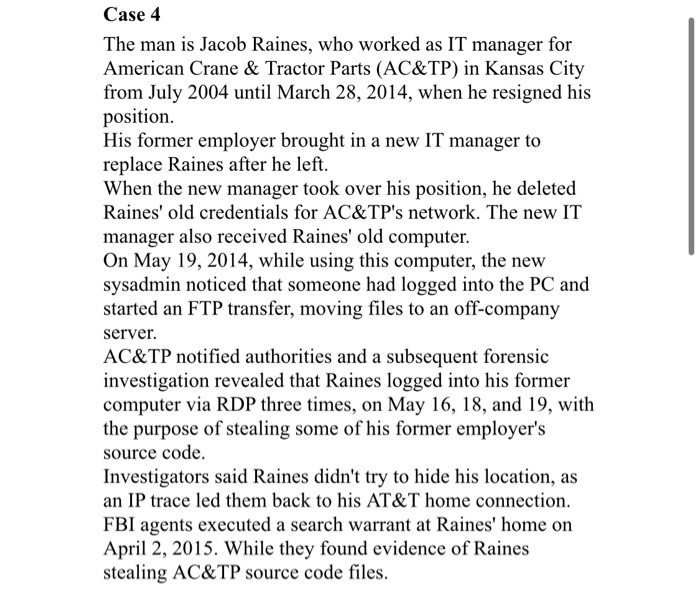 Solved Case 4 The man is Jacob Raines, who worked as IT | Chegg.com