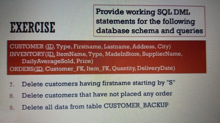 Solved EXERCISE Provide working SOL DML statements for the | Chegg.com