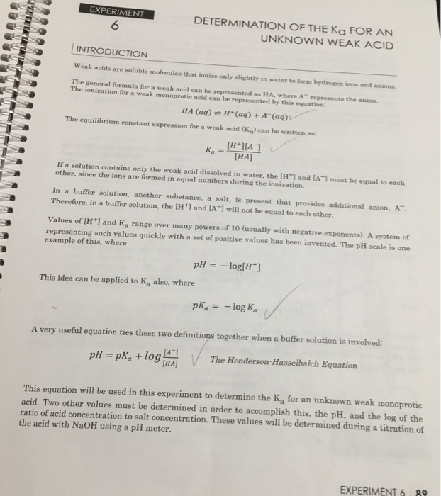 Solved EXPERIMENT DETERMINATION OF THE KA FOR AN UNKNOWN | Chegg.com