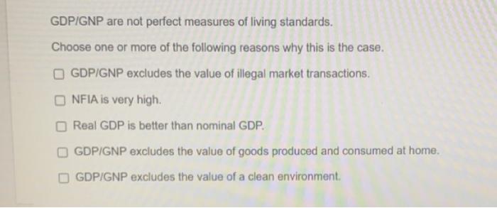 Solved GDP/GNP are not perfect measures of living standards. | Chegg.com