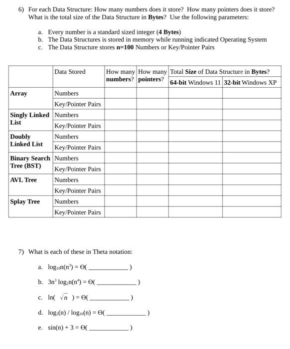 Solved 6) For each Data Structure: How many numbers does it | Chegg.com