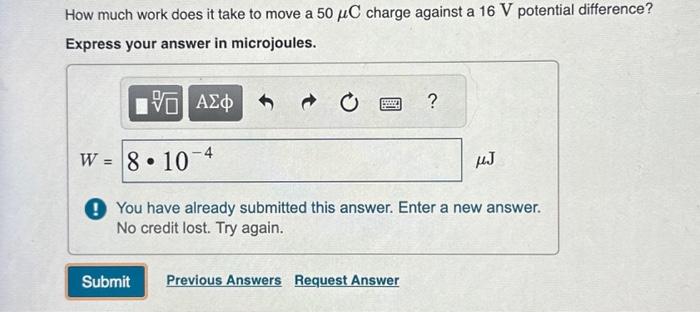 Solved How much work does it take to move a 50μC charge | Chegg.com