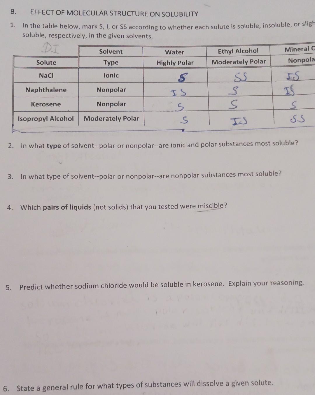 Solved B. EFFECT OF MOLECULAR STRUCTURE ON SOLUBILITY 1. In | Chegg.com