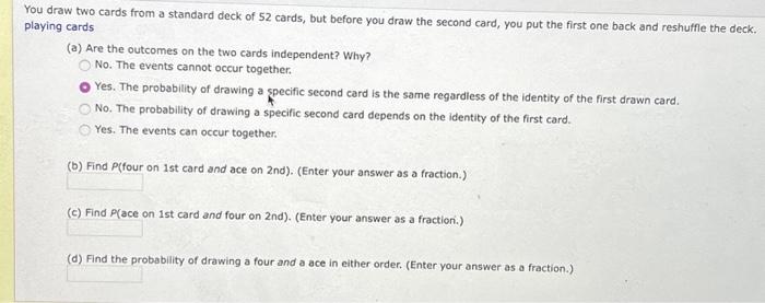 Solved draw two cards from a standard deck of 52 cards, but | Chegg.com