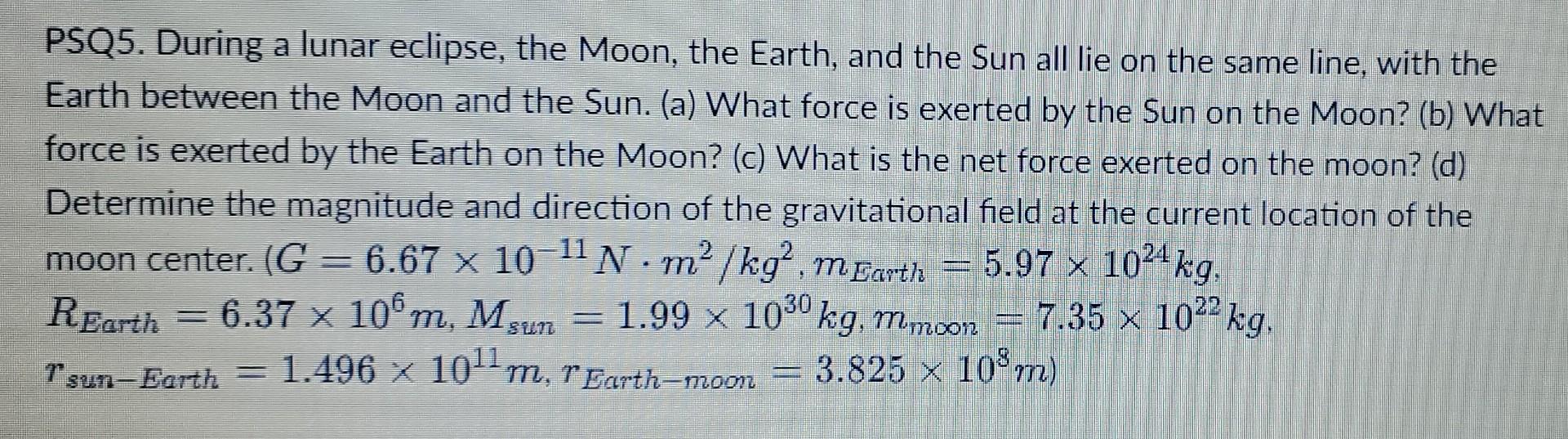 Solved PSQ5. During a lunar eclipse, the Moon, the Earth, | Chegg.com
