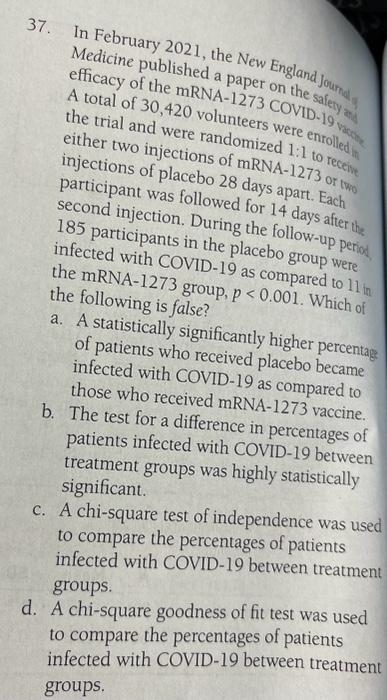 Solved 35. A randomized controlled trial was conducted to | Chegg.com