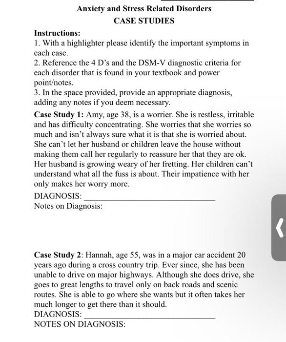 Solved Anxiety and Stress Related Disorders CASE STUDIES | Chegg.com