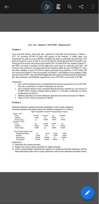 Solved ACC 314 - Summer 1/2019-2020 - Homework #1 Problem 1 | Chegg.com