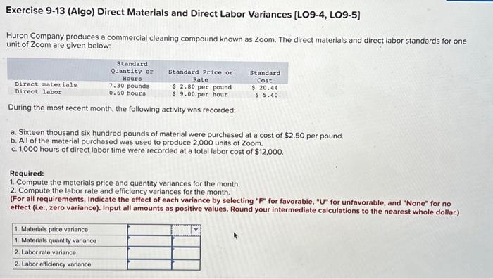 Solved Exercise 9-13 (Algo) Direct Materials and Direct | Chegg.com