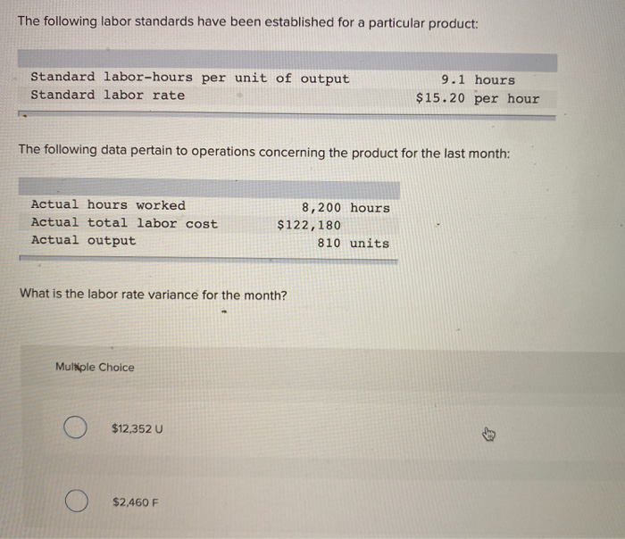 Solved The following labor standards have been established | Chegg.com