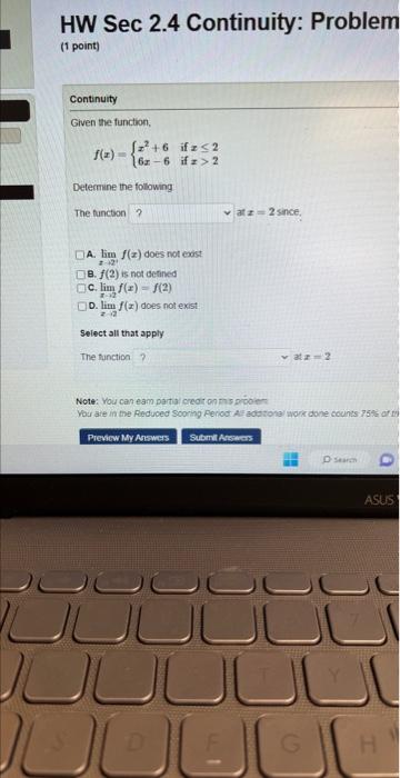 Solved HW Sec 2.4 Continuity: Problem (1 point) Continuity | Chegg.com