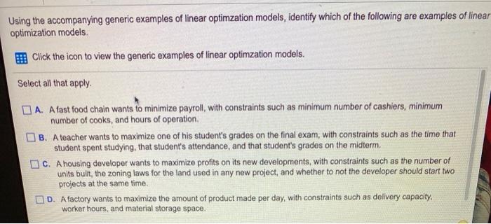 Solved Using the accompanying generic examples of linear | Chegg.com